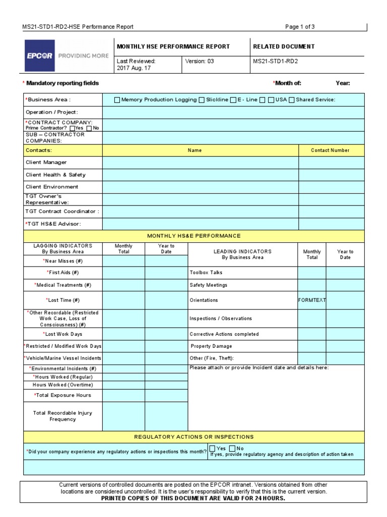 Monthly Hse Performance Report Related Document: Prime Contractor? Yes ...