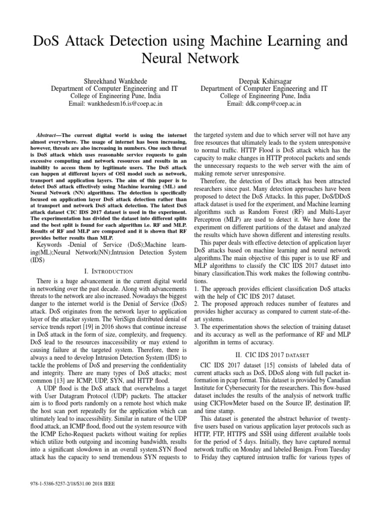 Dos Attack Detection Using Machine Learning and Neural Network | PDF | Denial Of Service Attack ...