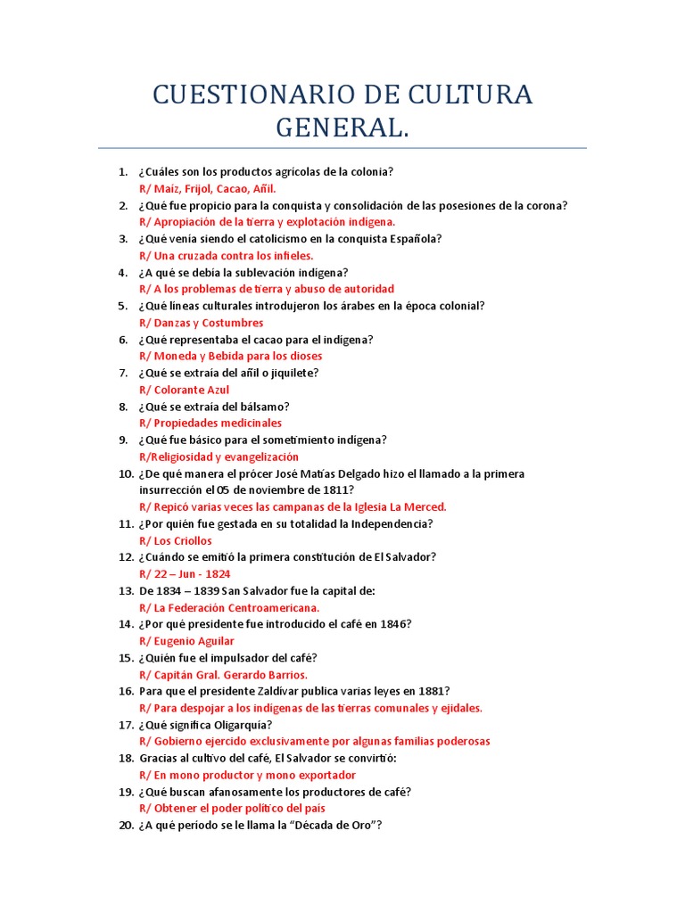 Cuestionario de Cultura General | PDF | El Salvador | café