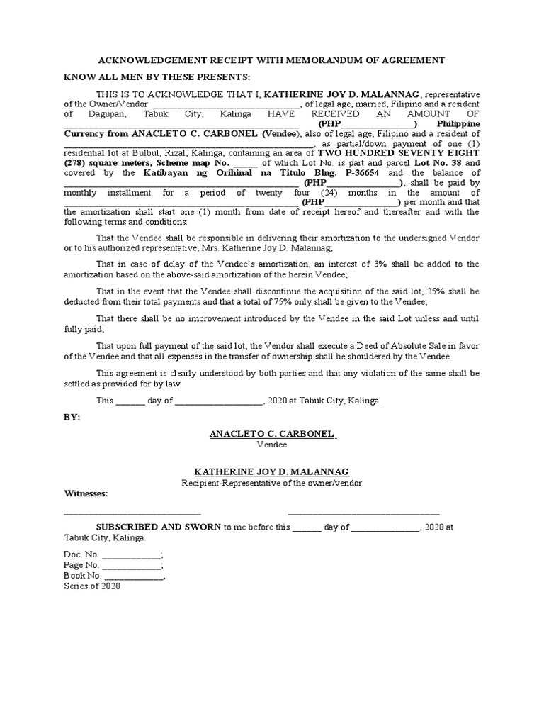 Acknowledgement Receipt With Memorandum of Agreement (Anacleto C ...
