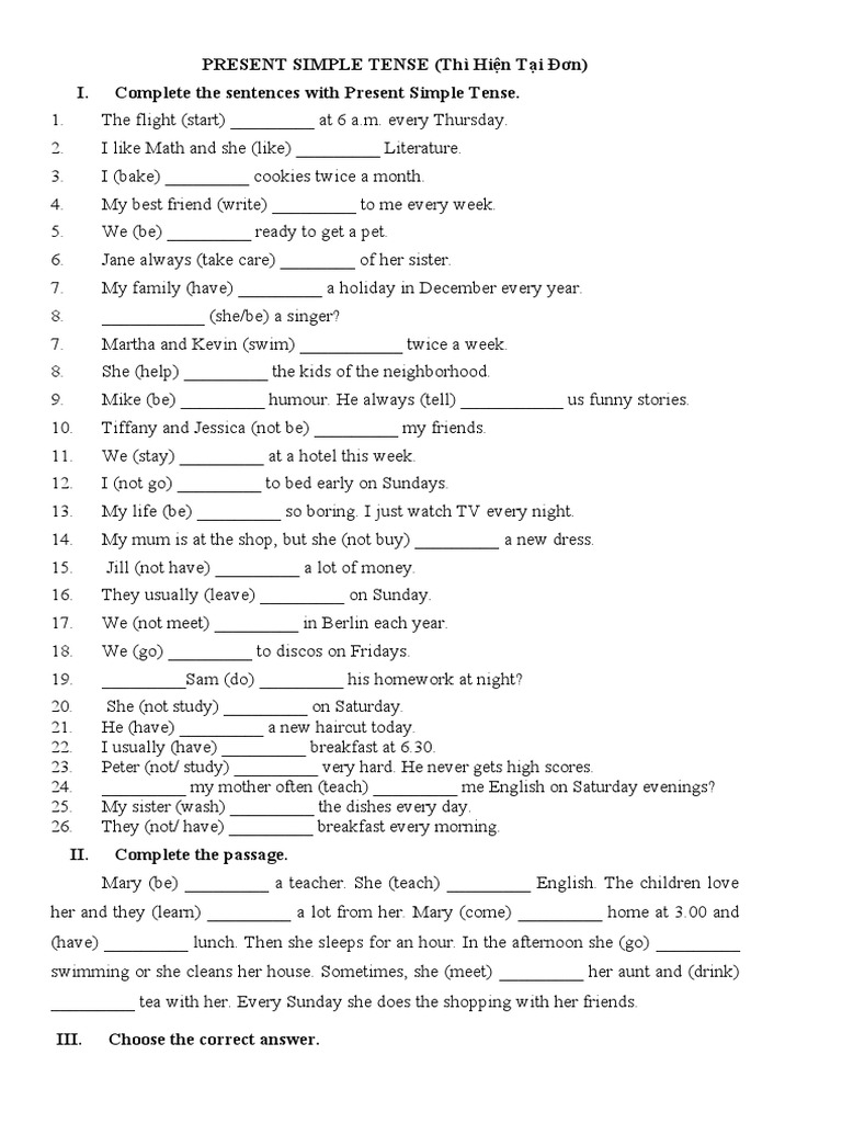 Present Simple Tense Exercises: Completing Sentences, Passages, and ...