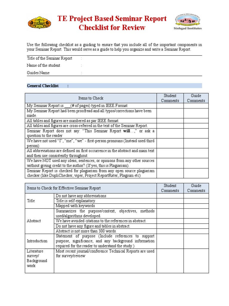 TE Project Seminar Report Checklist | PDF | Communication | Cognition