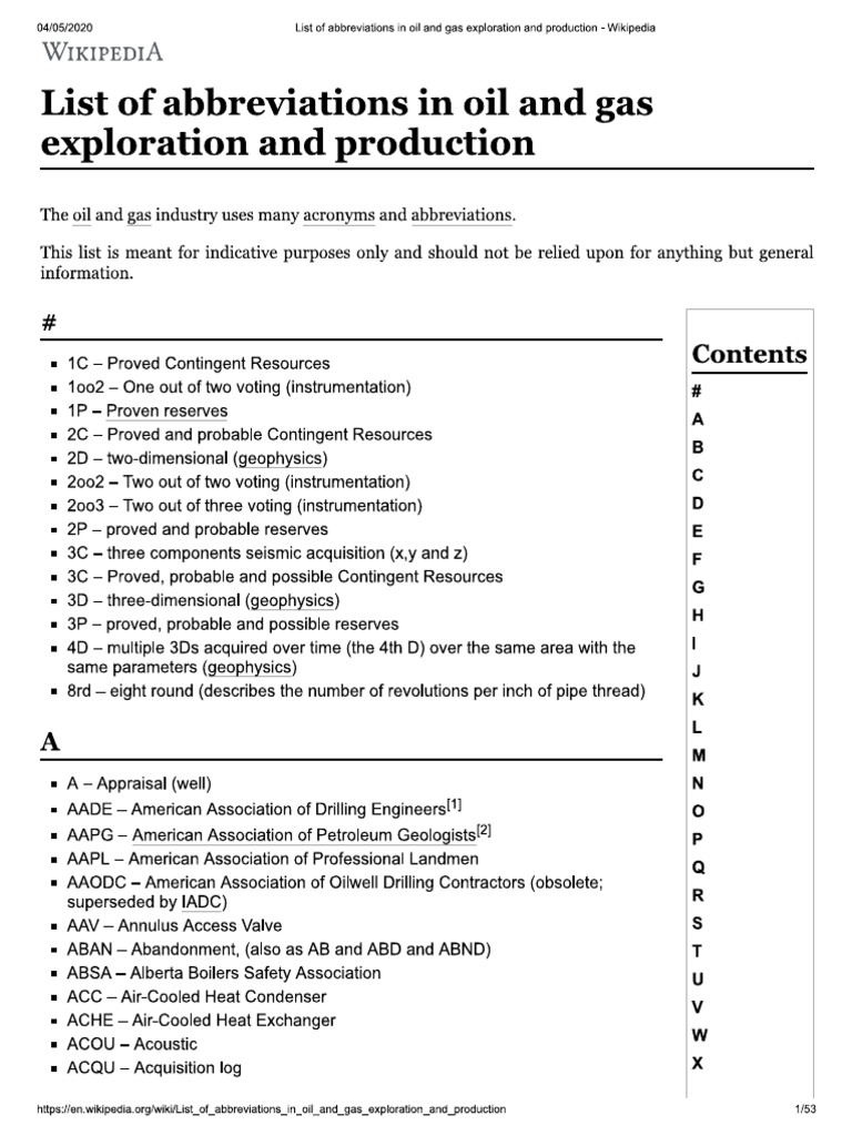 List of Abbreviations in Oil and Gas Exploration and Production | PDF