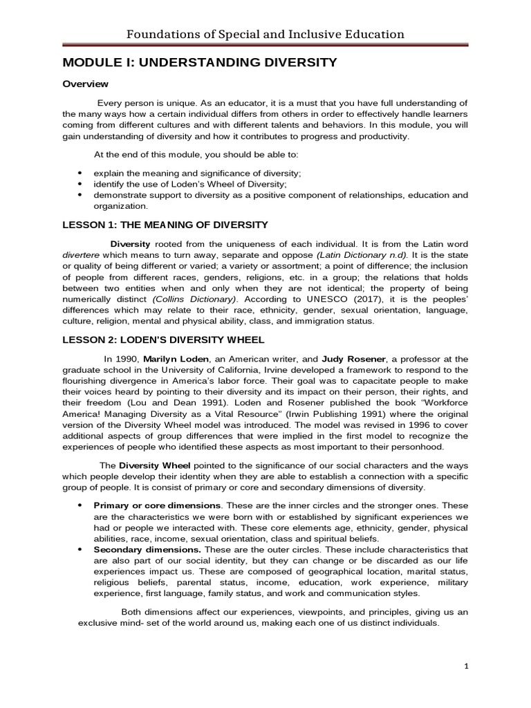 Module I: Understanding Diversity: Foundations of Special and Inclusive ...