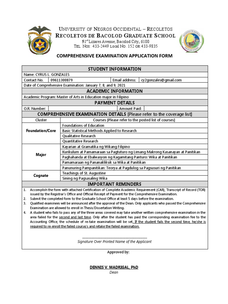 Comprehensive Examination Application | PDF | Thesis | Academia