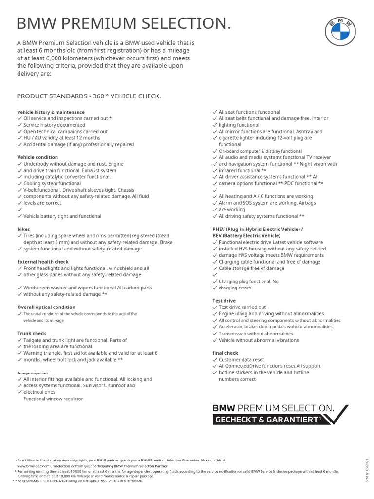 BMW Premium Selection Produktstandard 360 Fahrzeugcheck - De.en | PDF ...