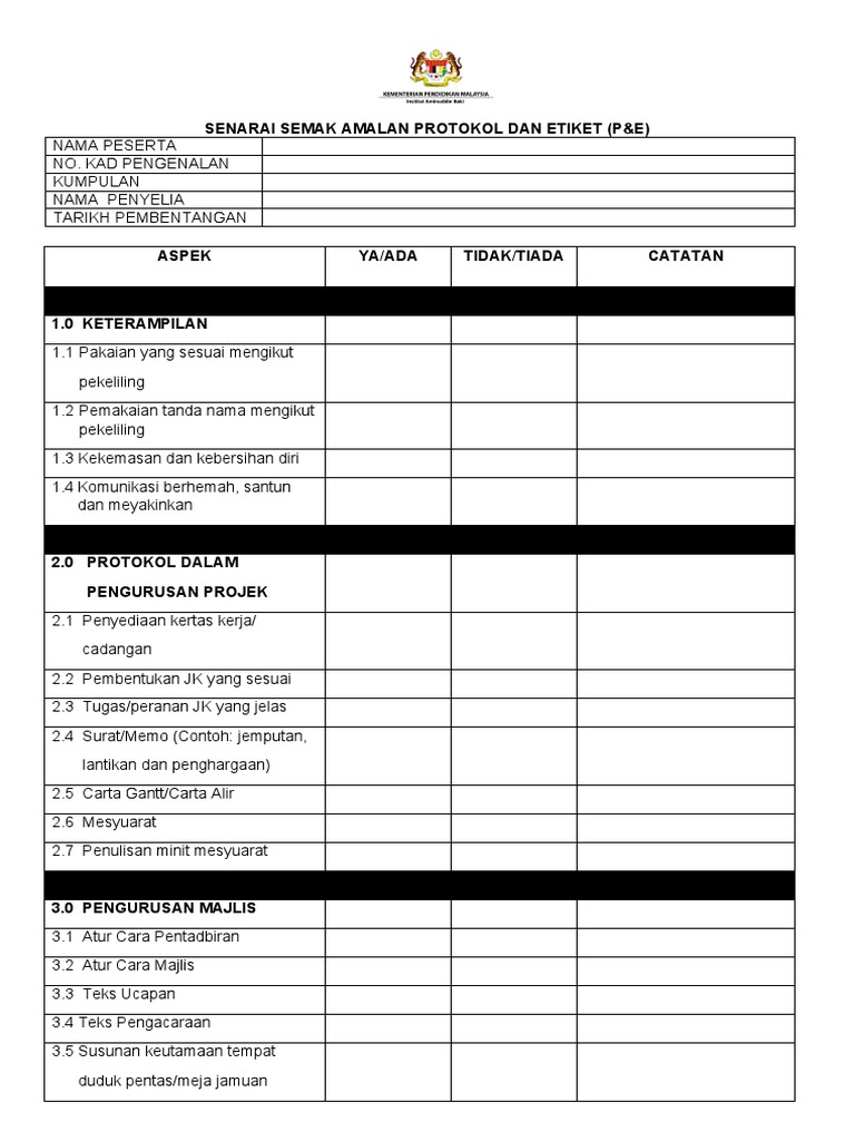 Senarai Semak Protokol Etiket | PDF
