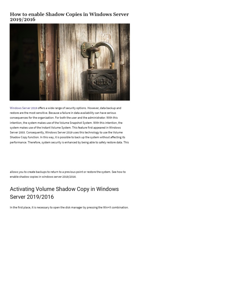 How To Enable Shadow Copies in Windows Server 2019 - 2016 | PDF
