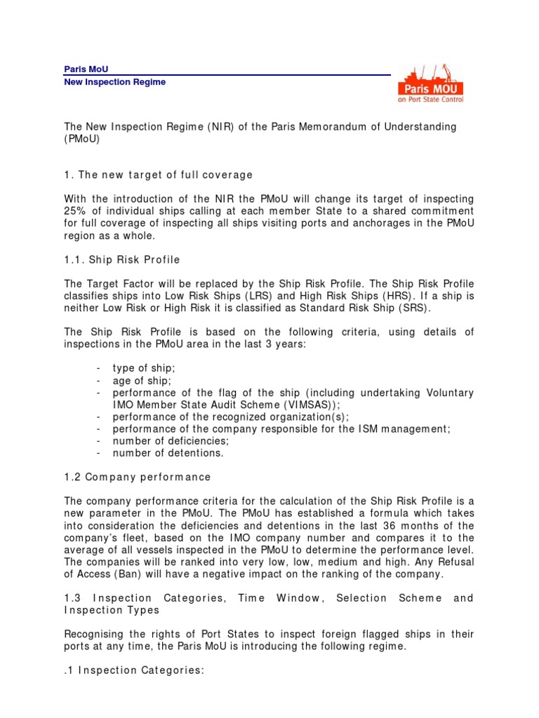 New Inspection Regime 2010 Paris MOU (NIR) | PDF | Ships | Oil Tanker