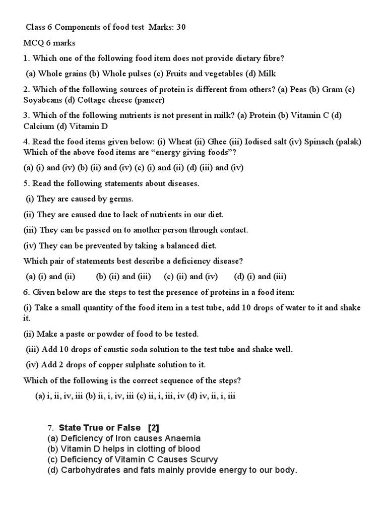 Class 6 Components of Food Test Marks | PDF | Vitamin | Foods