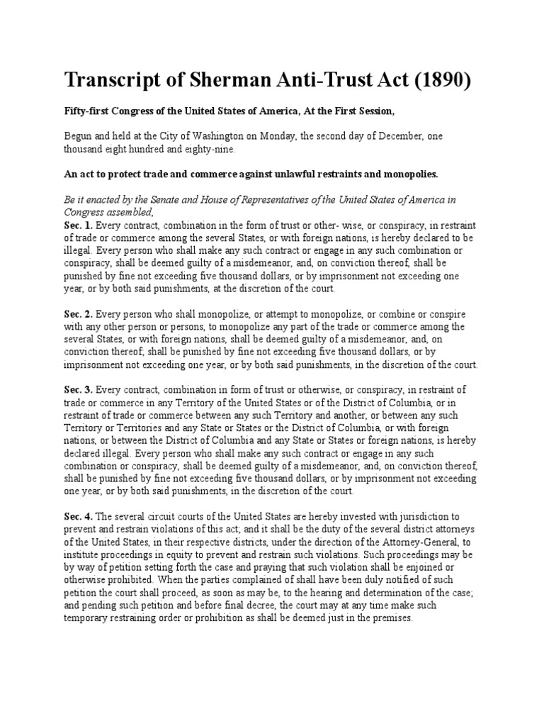 Sherman Anti-Trust Act (1890) | PDF | Criminal Law | Imprisonment