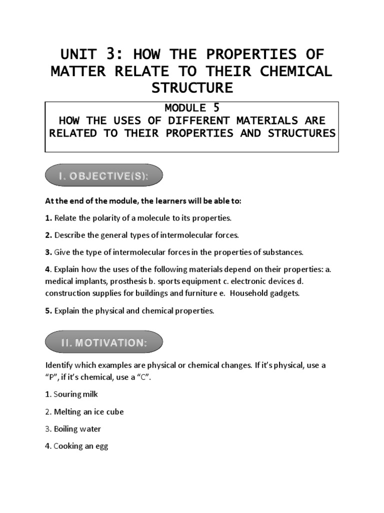 Unit 3: How The Properties of Matter Relate To Their Chemical Structure ...