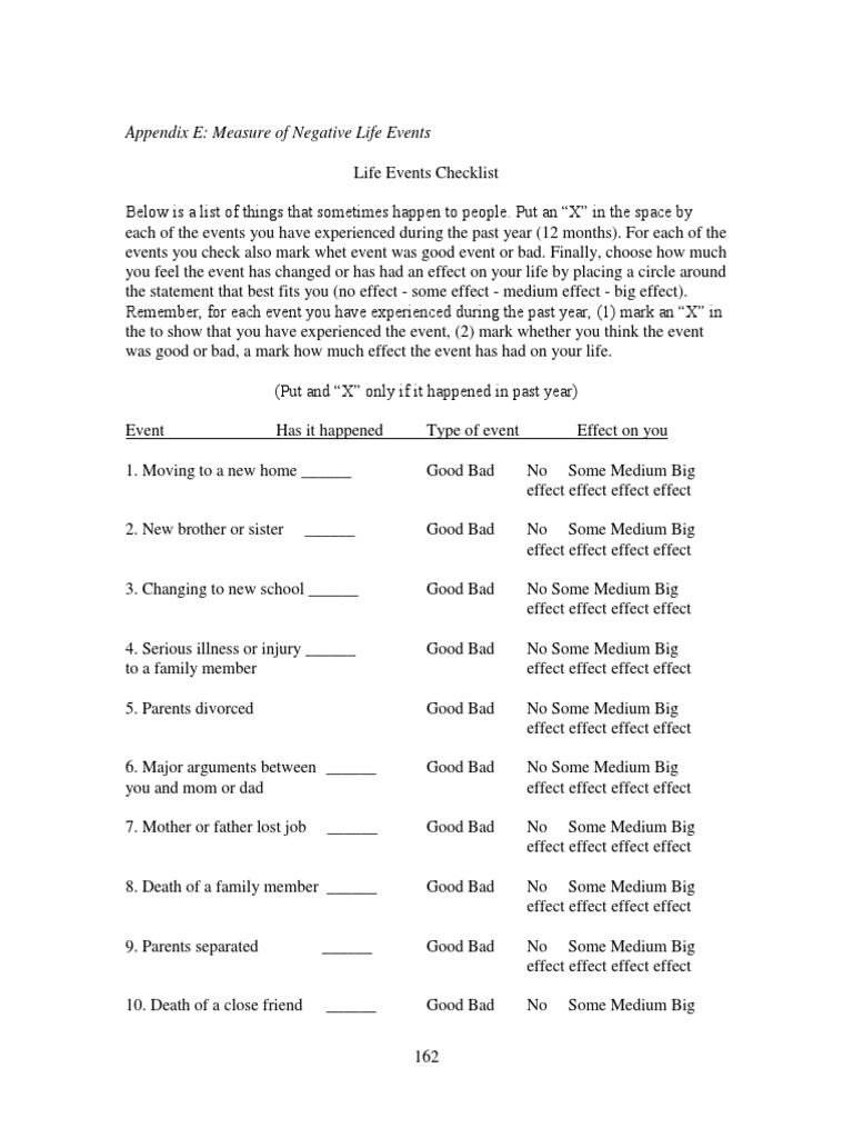 Life Events Checklist | Download Free PDF | Psychiatry | Cognition
