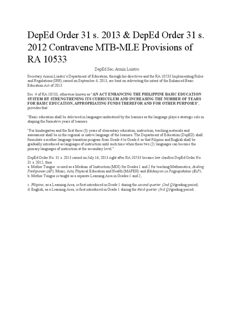 Deped Order 31 S. 2013 & Deped Order 31 S. 2012 Contravene Mtb-Mle ...