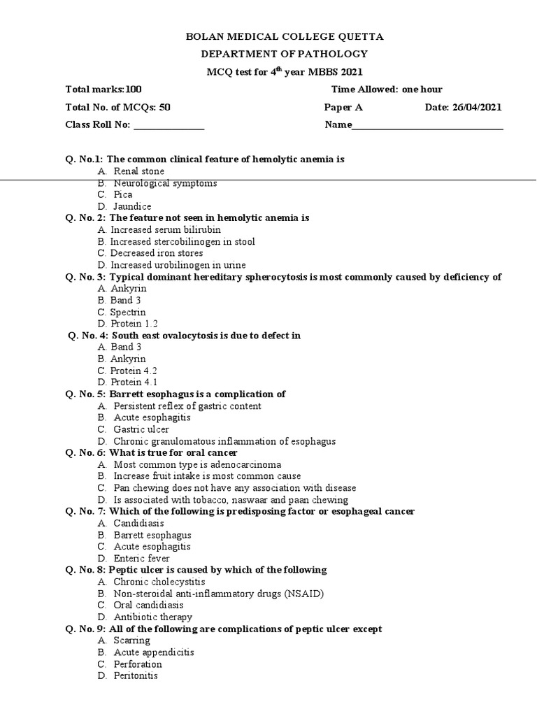4th Year MBBS Final Test 2021 MCQ Paper With Key | PDF | Anemia ...