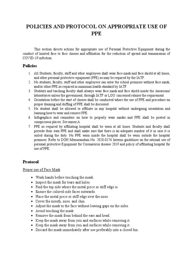 Policies and Protocol On Appropriate Use of Ppe | PDF | Personal ...