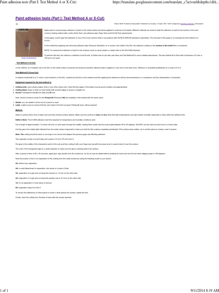 Paint Adhesion Tests (Part I Test Method A or X-Cut) | PDF | Adhesive ...