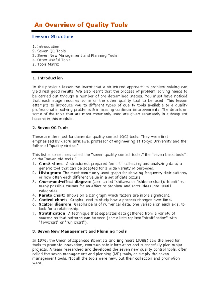 2-Overview of Quality Tools | PDF | Experiment | Design Of Experiments