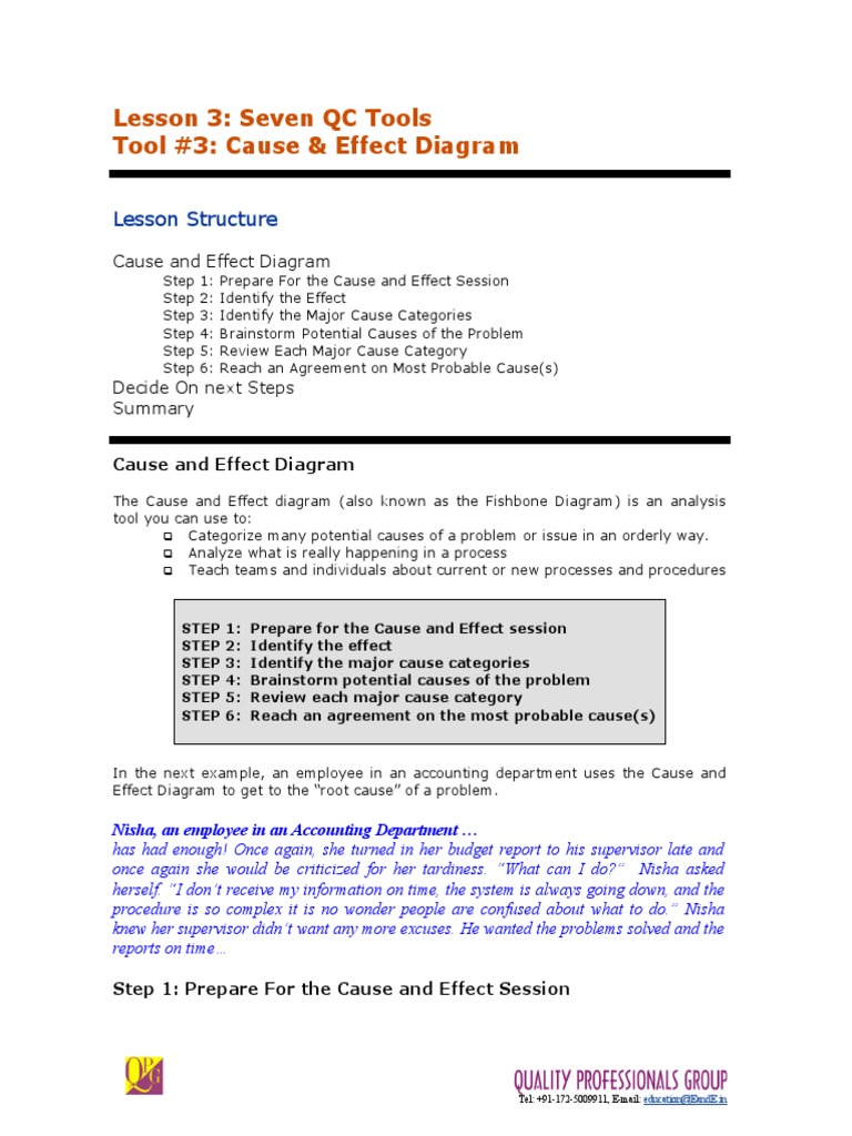 Lesson 3: Seven QC Tools Tool #3: Cause & Effect Diagram | PDF | Causality | Brainstorming