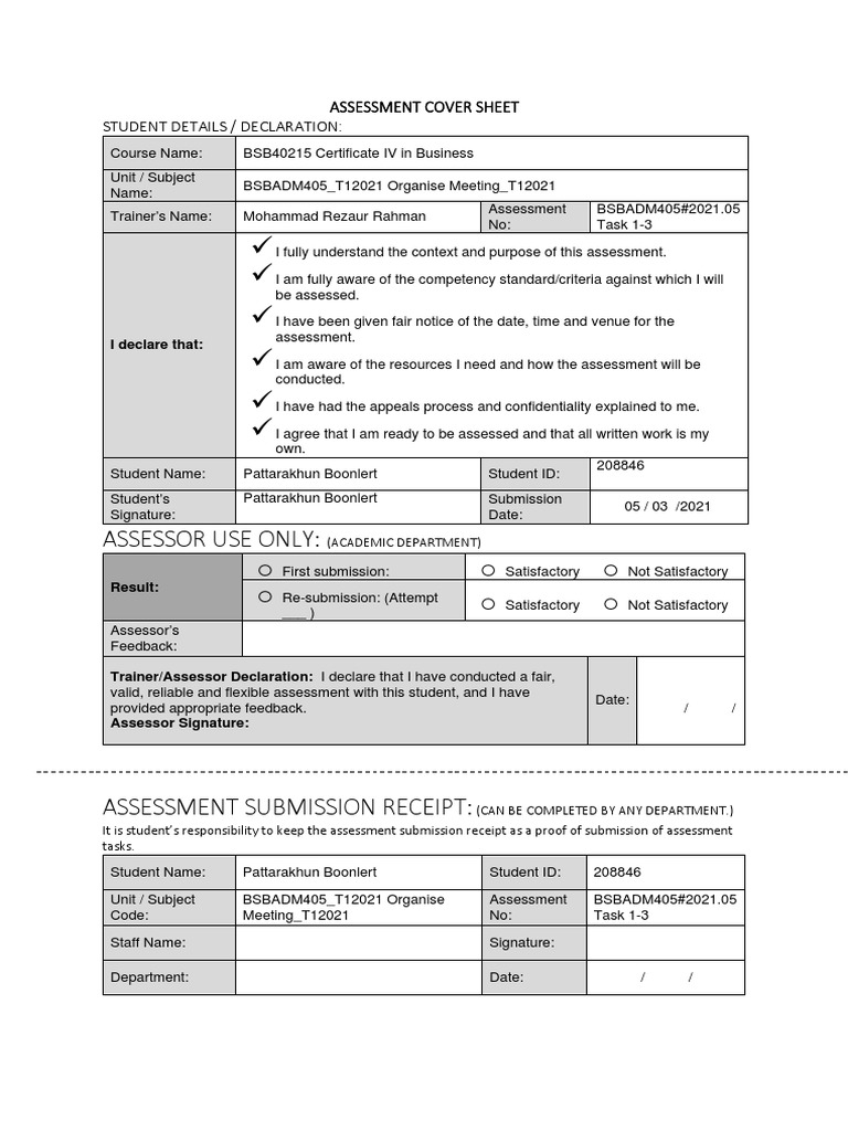 Assessor Use Only:: Assessment Cover Sheet Student Details ...