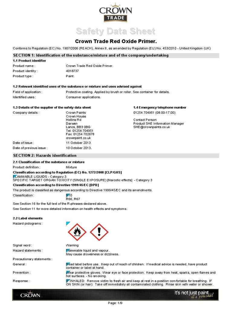 Crown Trade Red Oxide Primer SDS | PDF | Chemistry | Toxicity