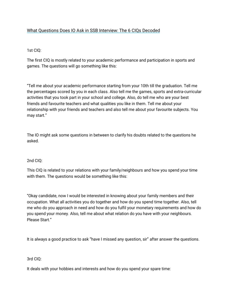 What Questions Does IO Ask in SSB Interview The 6 CIQs Decoded | PDF