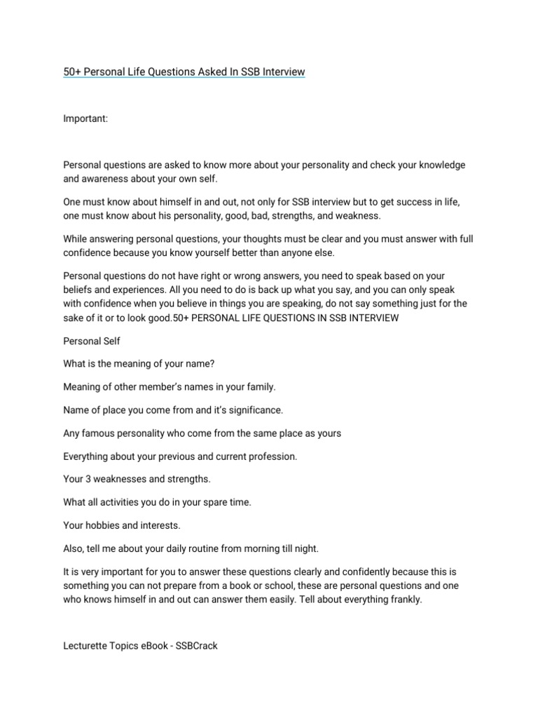 50+ Personal Life Questions Asked in SSB Interview | PDF