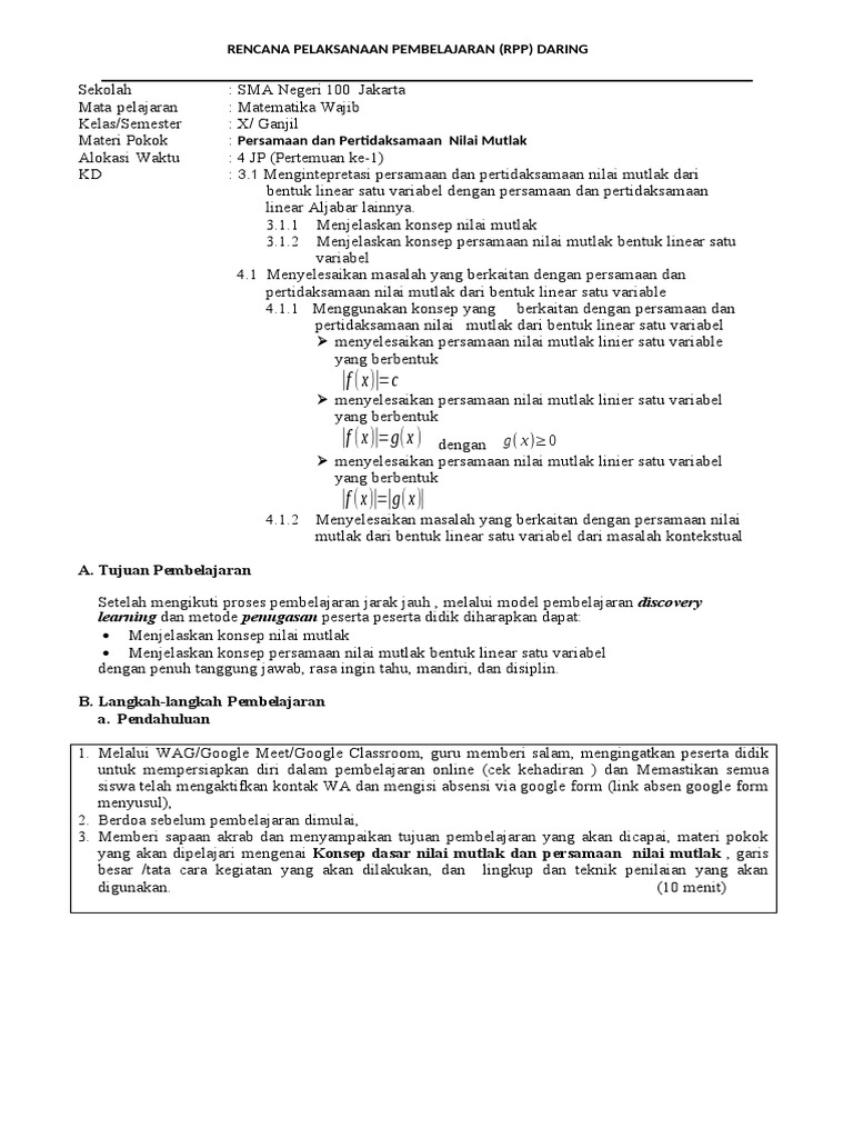 RPP PJJ - X MTK WAJIB KD 3.1 DAN 4.1 Persamaan Dan Pertidaksamaan Nilai Mutlak | PDF