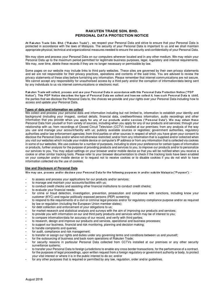 Rakuten Trade Sdn. Bhd. Personal Data Protection Notice: Types of Data ...