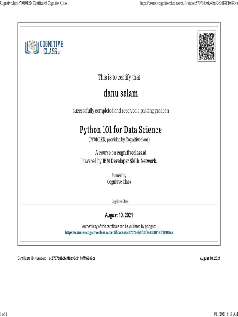 Cognitiveclass PY0101EN Certificate - Cognitive Class | PDF