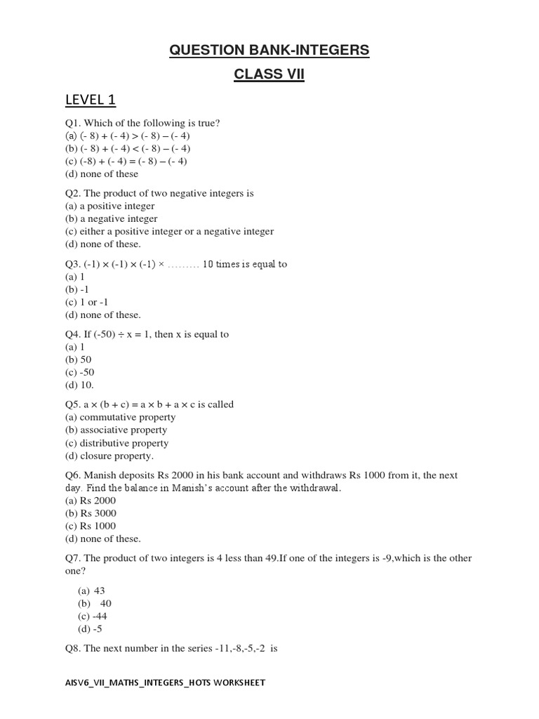 Level 1: Question Bank-Integers Class Vii | PDF | Mathematics ...