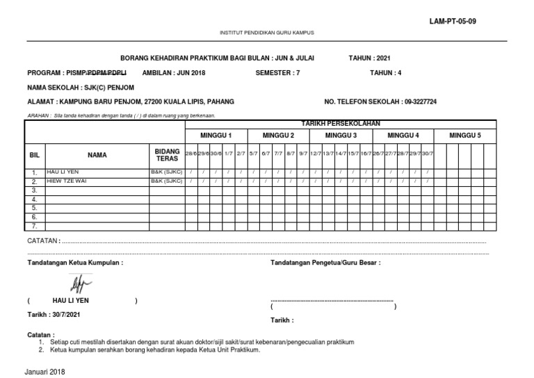 Borang Kehadiran Praktikum | PDF