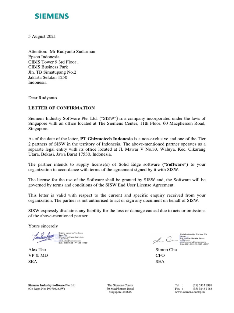 Letter of Confirmation - Tier 2 Partner PT Ghizmotech 5 Aug 21 | PDF ...