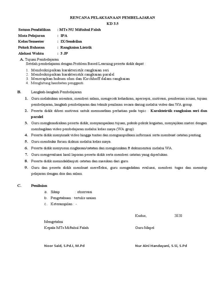 RPP IPA KD 3.5 Rangkaian Listrik | PDF