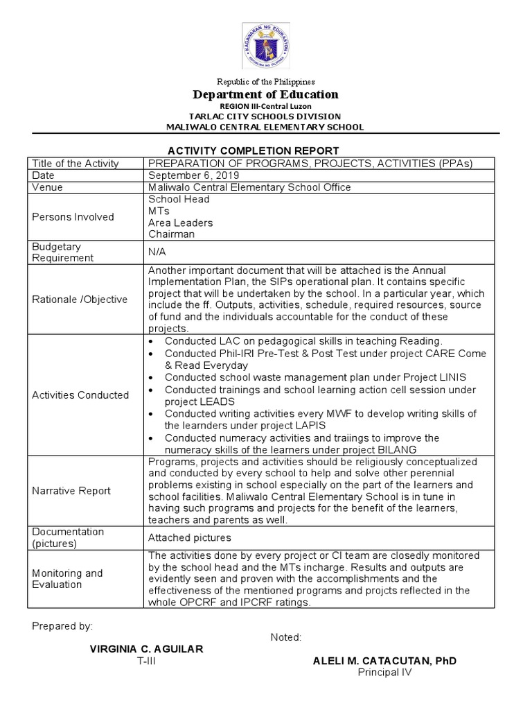 Maliwalo Central School Activity Report | PDF | Learning | Education Theory