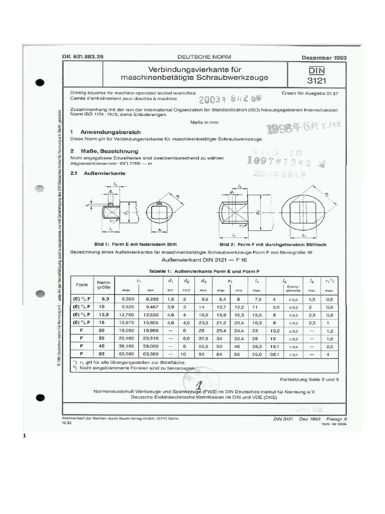 DIN3121-driving Squares For Machine Operated Socket Wrenches | PDF