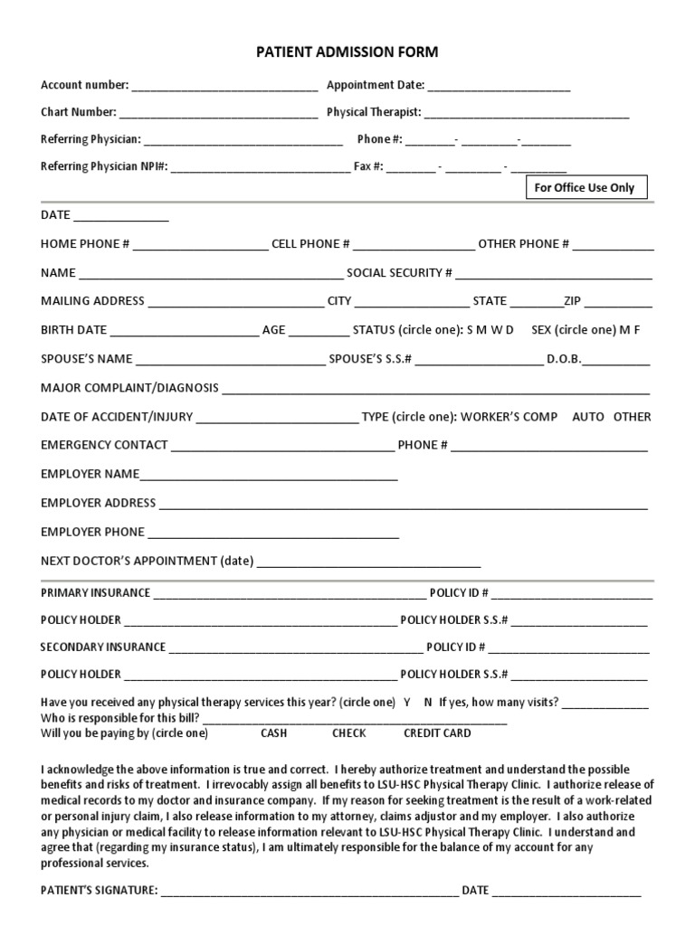 PT Admission Form | PDF | Physical Therapy | Physician