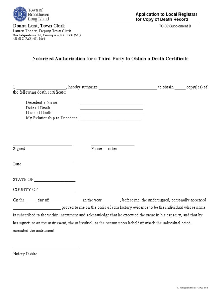 Death Certificate Authorization For A Third-Party To Obtain A Death ...