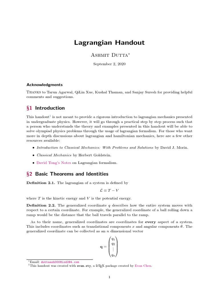 Lagrangian Handout: Ashmit Dutta | PDF | Lagrangian Mechanics ...