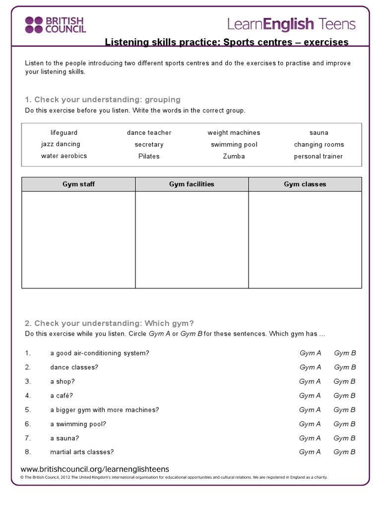 Sports Centers Vocabulary and Listening Exercises | PDF | Gym | Swimming