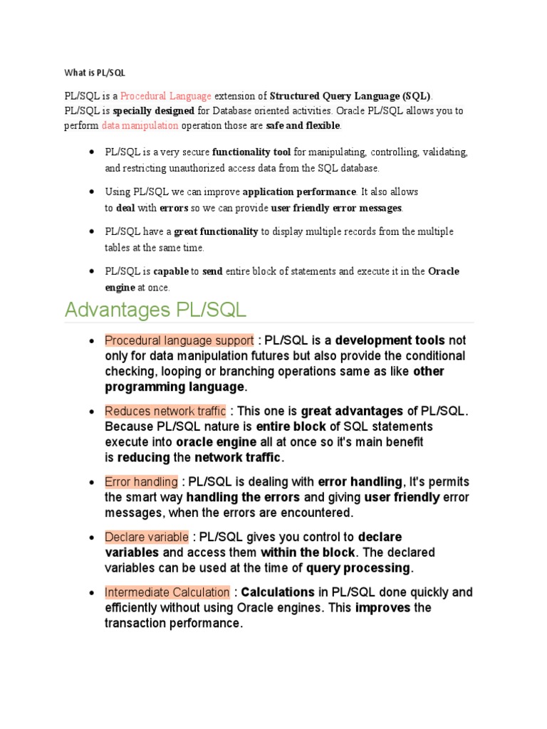 Advantages PL/SQL: Procedural Language Data Manipulation | PDF | Pl/Sql | Sql