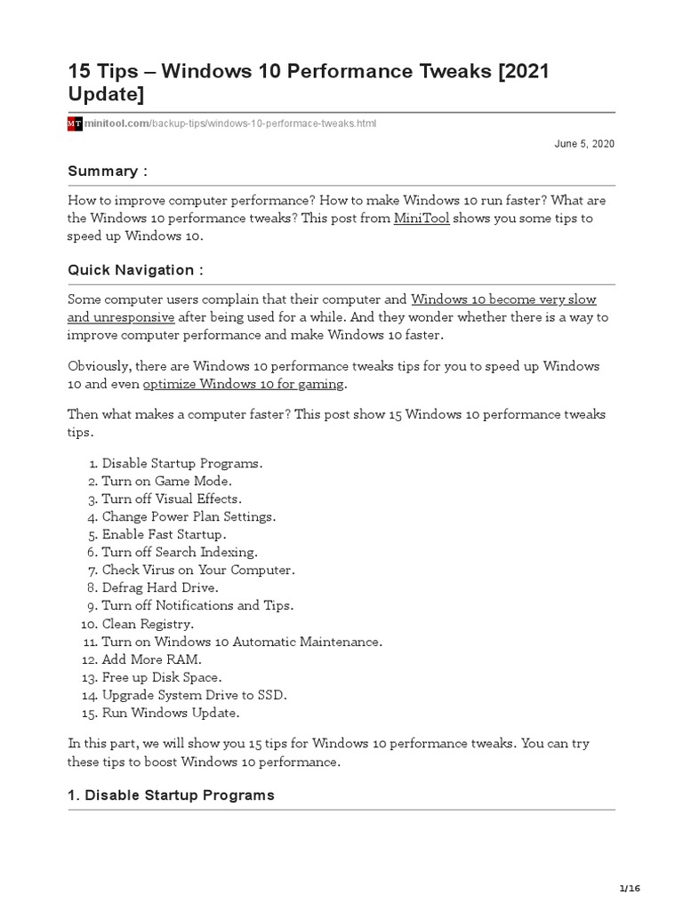 15 Tips Windows 10 Performance Tweaks 2021 Update | PDF | Windows 10 ...