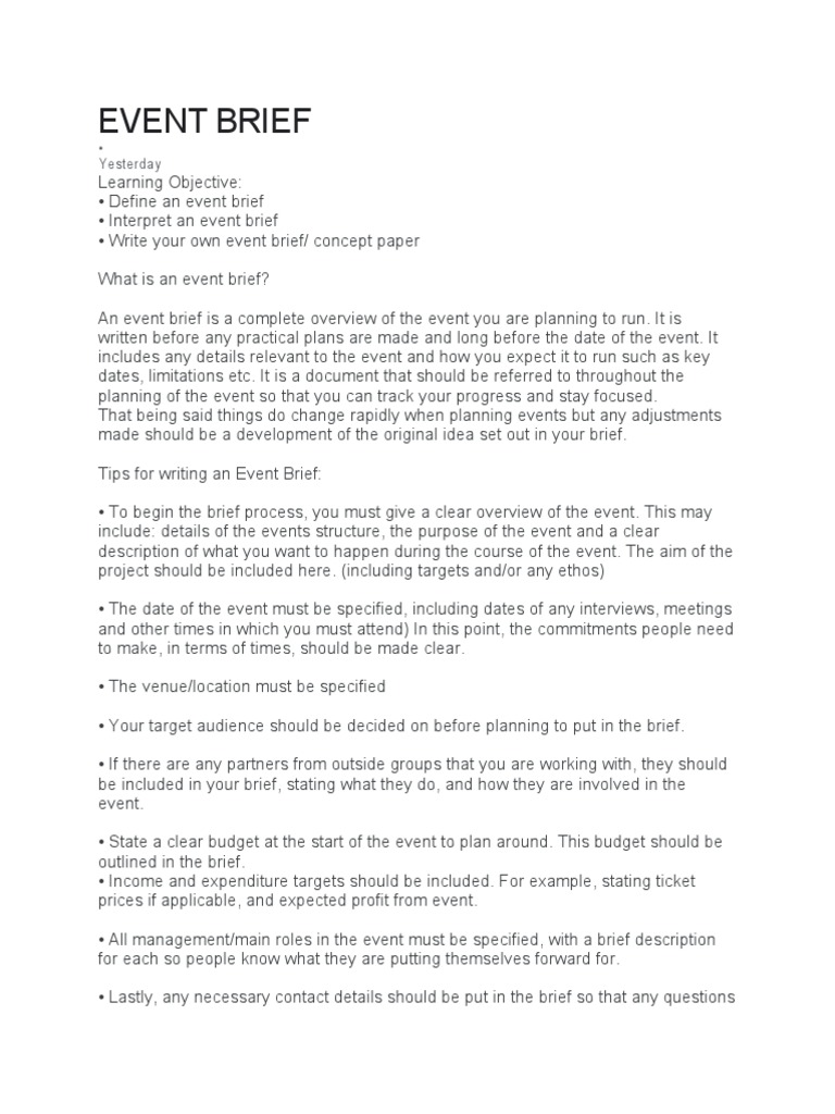 Event Brief: - Yesterday | PDF | Business | Communication