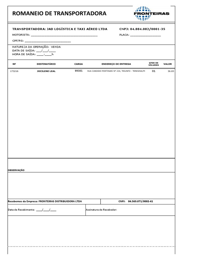 Formulario de Romaneio em Excel | PDF