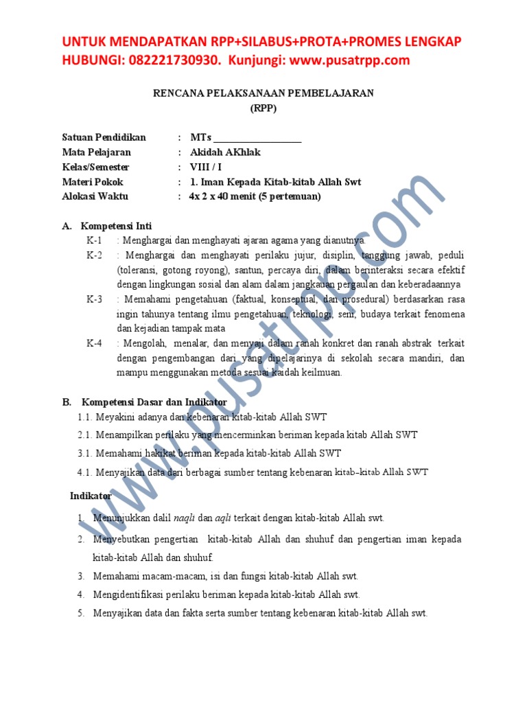 RPP Akidah Akhlak Kelas 8 Kurik | PDF | Seni & Disiplin Bahasa