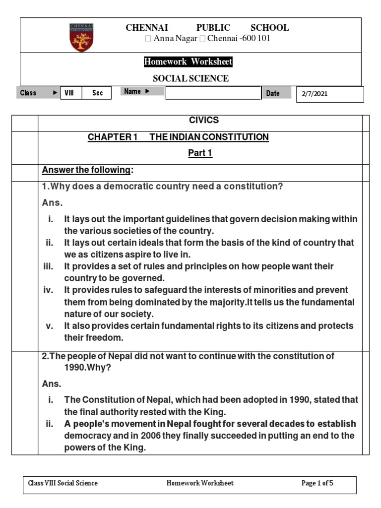 Chennai Public School: Homework Worksheet | Download Free PDF ...