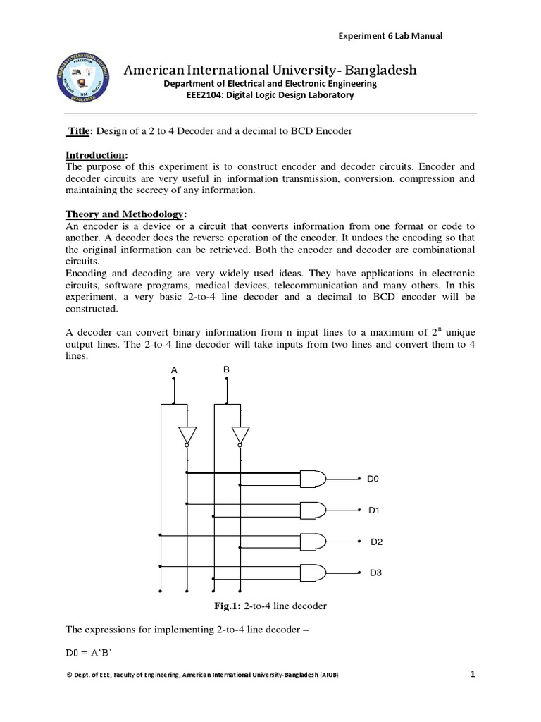 American International University-Bangladesh: Title: Design of A 2 To 4 Decoder and A Decimal To ...