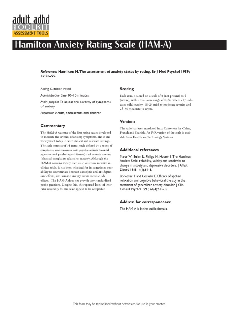 Hamilton Anxiety Rating Scale (HAM-A) | PDF | Abnormal Psychology ...
