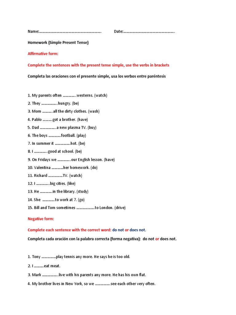 Simple Present Tense Homework Worksheet | PDF