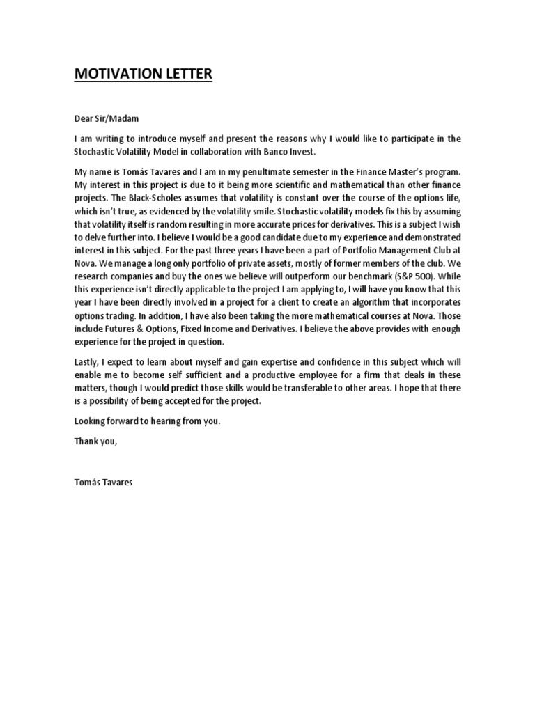 Motivation Letter for Stochastic Volatility Project | PDF